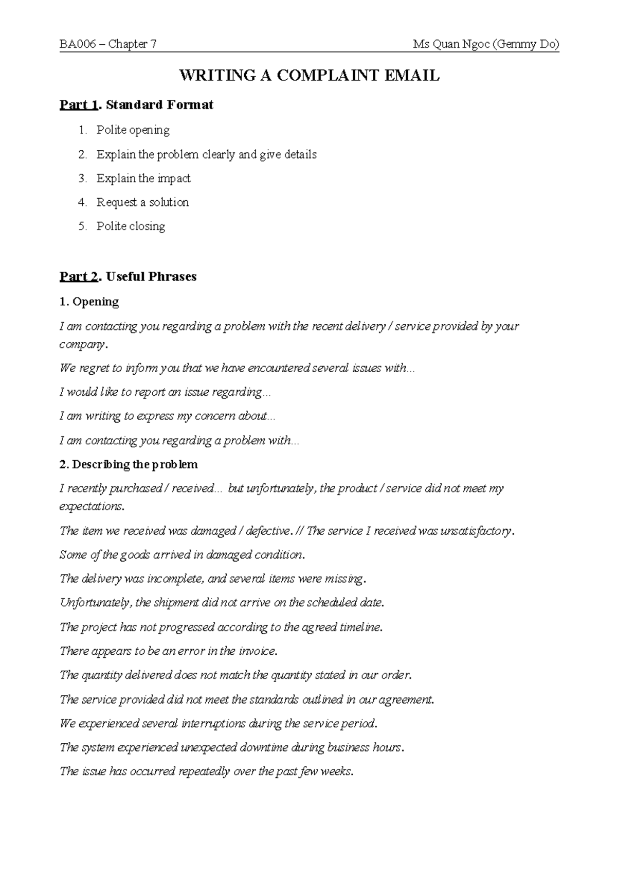 BA006 Chapter 7 Writing a Complaint Email: Format & Examples - Studocu