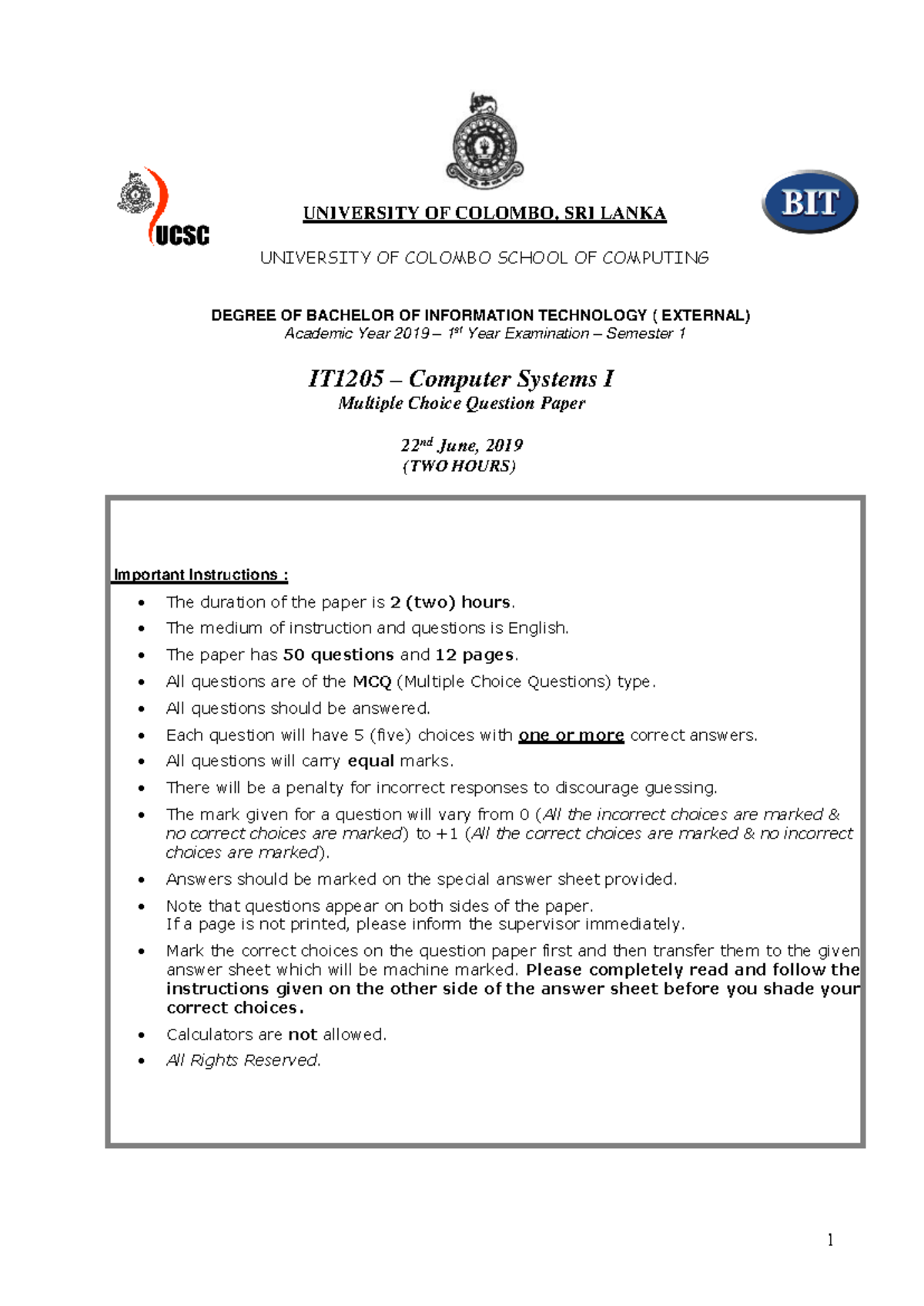IT1205 2019 - Computer Systems I MCQ Past Exam Paper - Studocu