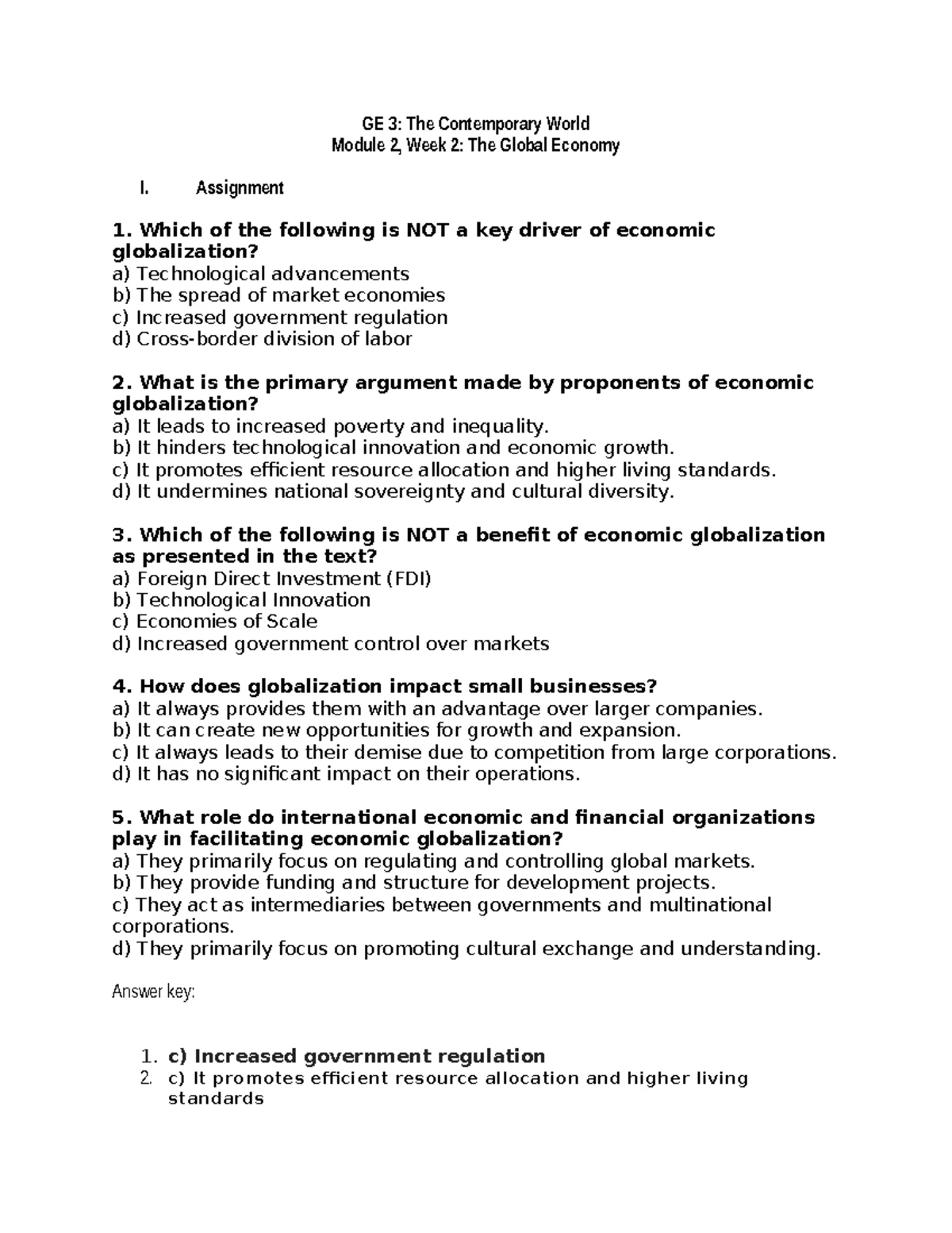 GE 3: The Contemporary World Module 2 - Economic Globalization Quiz ...