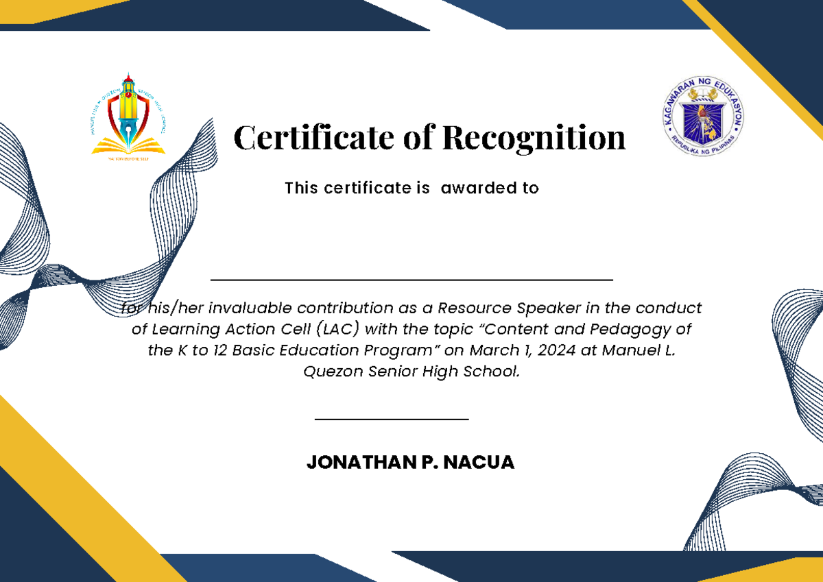 LAC Certificate of Recognition for Resource Speakers in K to 12 Program ...
