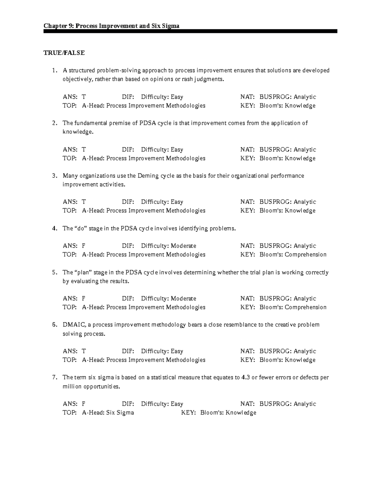 9e Chapter 9 Test Bank: Process Improvement & Six Sigma Insights - Studocu