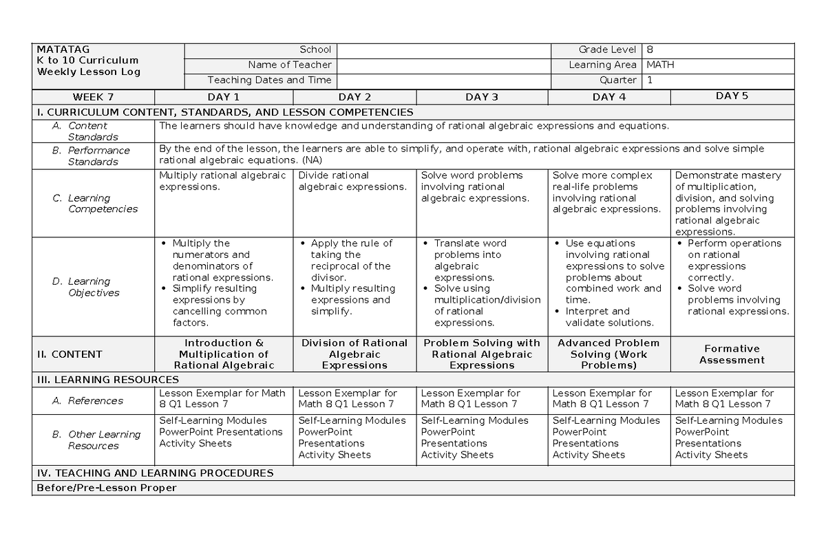 Math 8 Q1 Lesson 7: Multiplication & Division of Rational Expressions ...