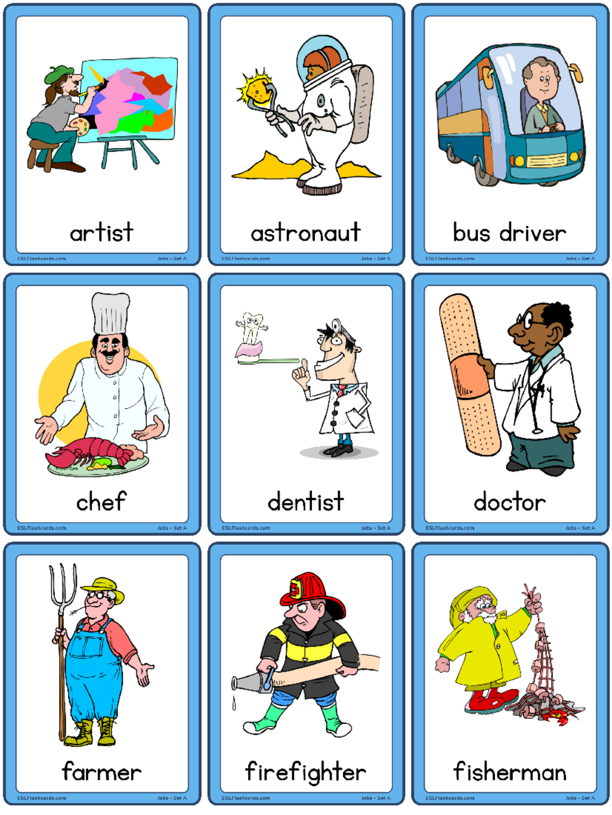 Jobs set a small flashcards with labels - artist astronaut bus driver ...