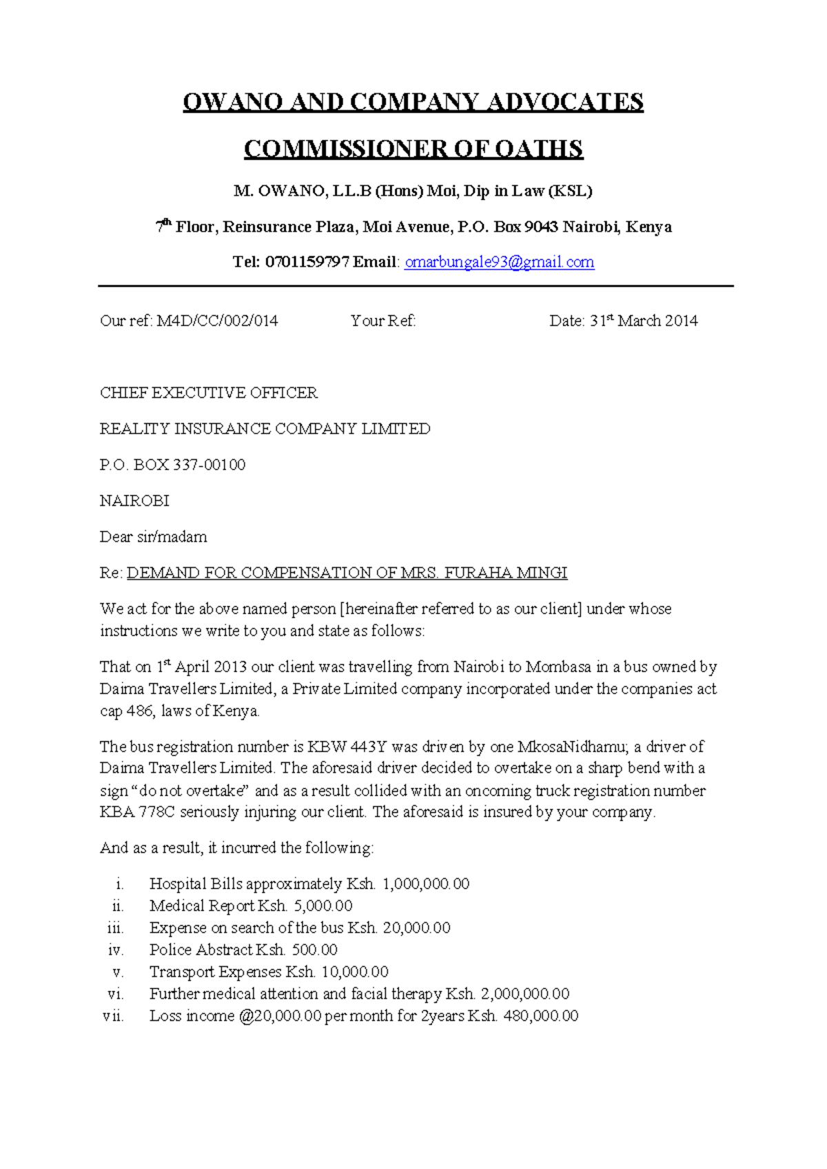 Civil Case No. 543 of 2014: Demand for Compensation - Furaha Mingi ...