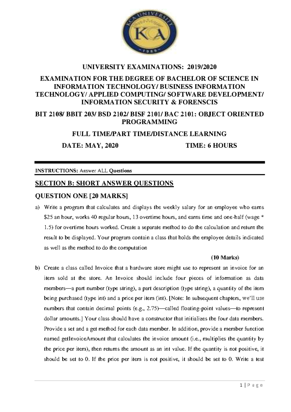 BIT 2108: Object Oriented Programming C++ Past Exam Papers - Studocu