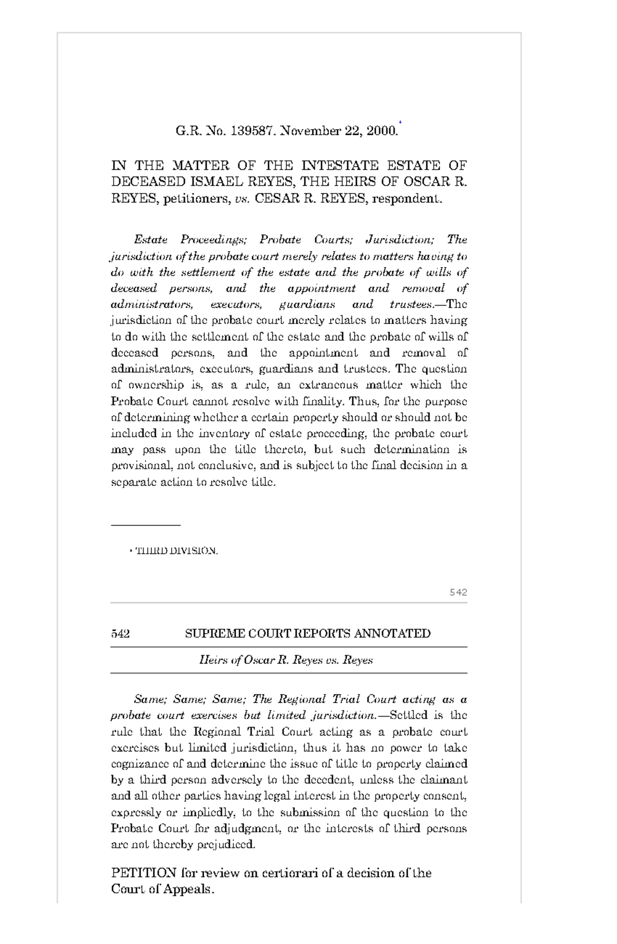 G.R. No. 139587: Heirs of Oscar R. Reyes vs. Cesar R. Reyes - Estate ...