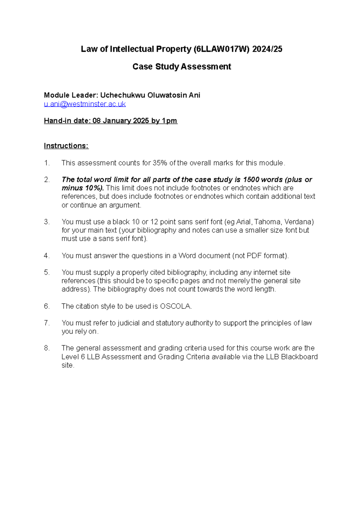 IP Case Study Summative Assesment Sem 1 202425 - Law of Intellectual ...