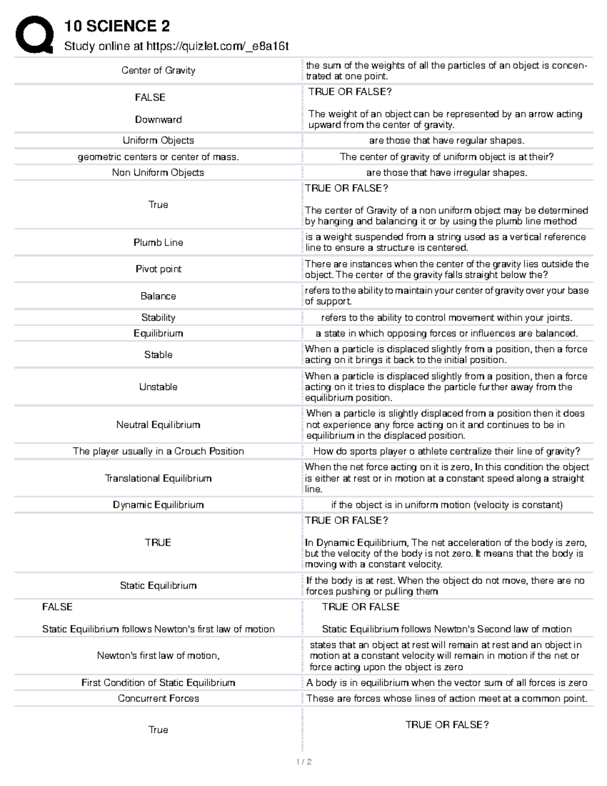 10 PHY 2 - Center of Gravity Quizlet Study Notes - Studocu