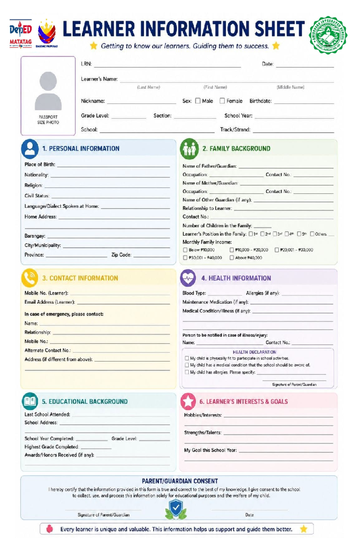 DepED Learner Info Sheet: United School Matatag 2023 - Studocu