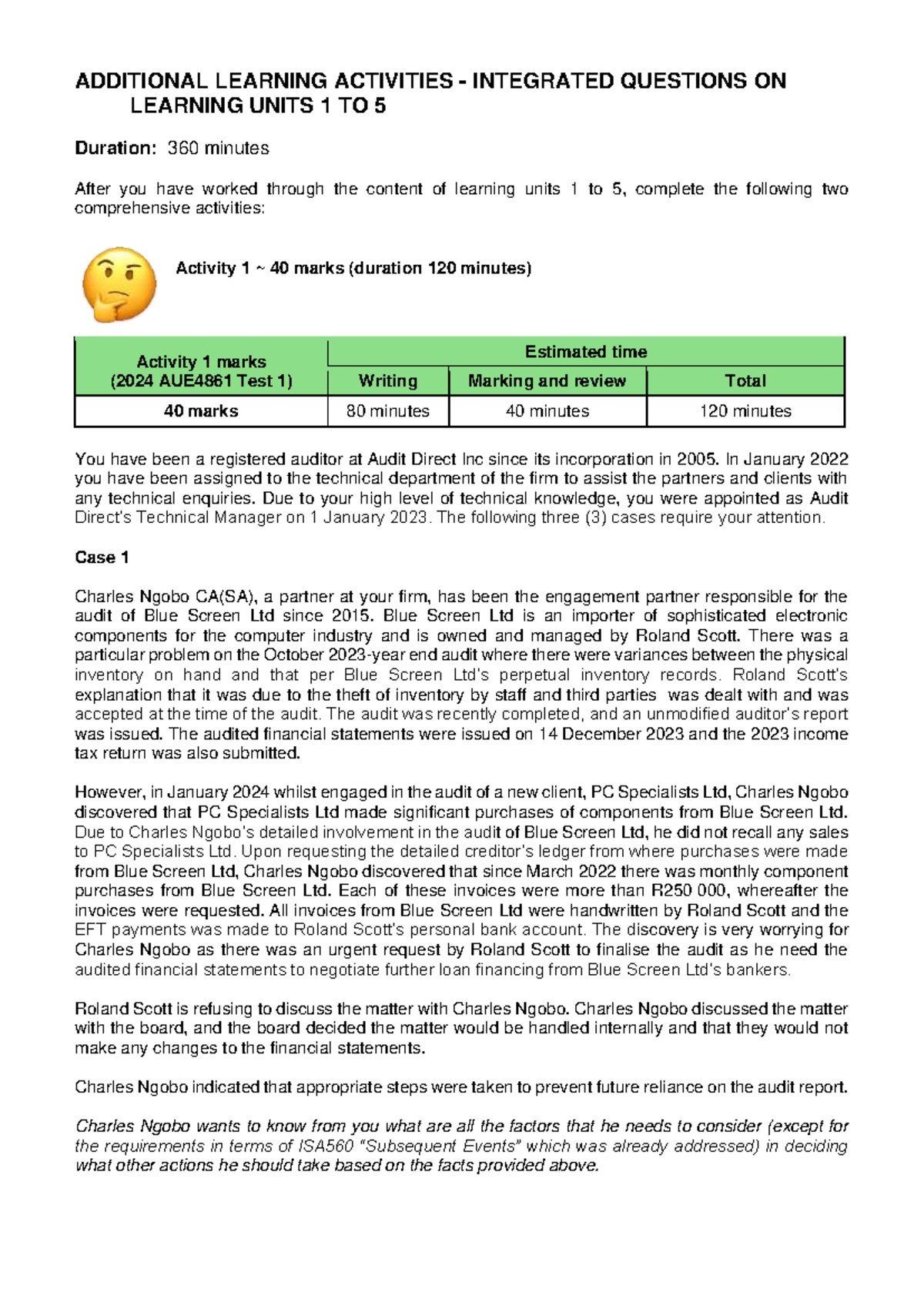 AUE4861 Additional Questions on Learning Units 1-5 Activities - Studocu