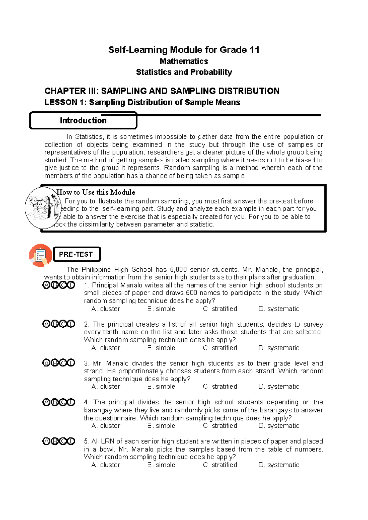 Self-Learning Module: G11 M11/12SP III - Sampling & Distribution - Studocu