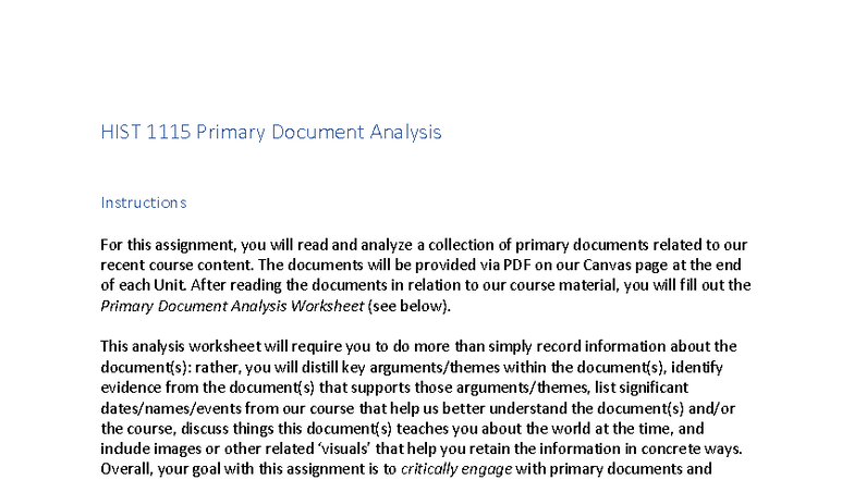 HIST 1115 Primary Document Analysis Assignment Guidelines - Studocu