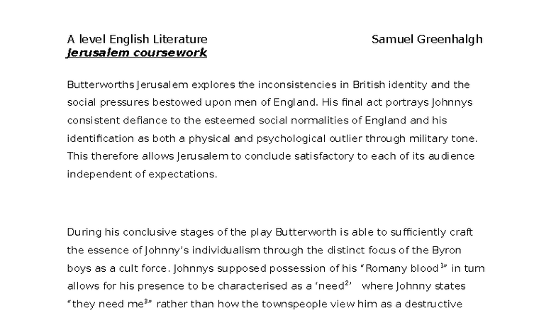 A Level English Literature Coursework: Analysis of Jerusalem by Jez ...