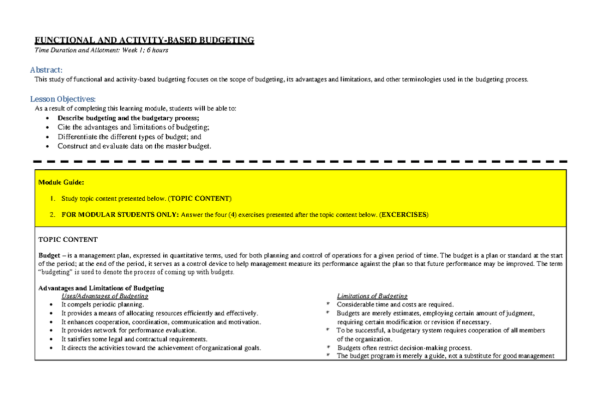 Functional and Activity-Based Budgeting Lessons for Management ...