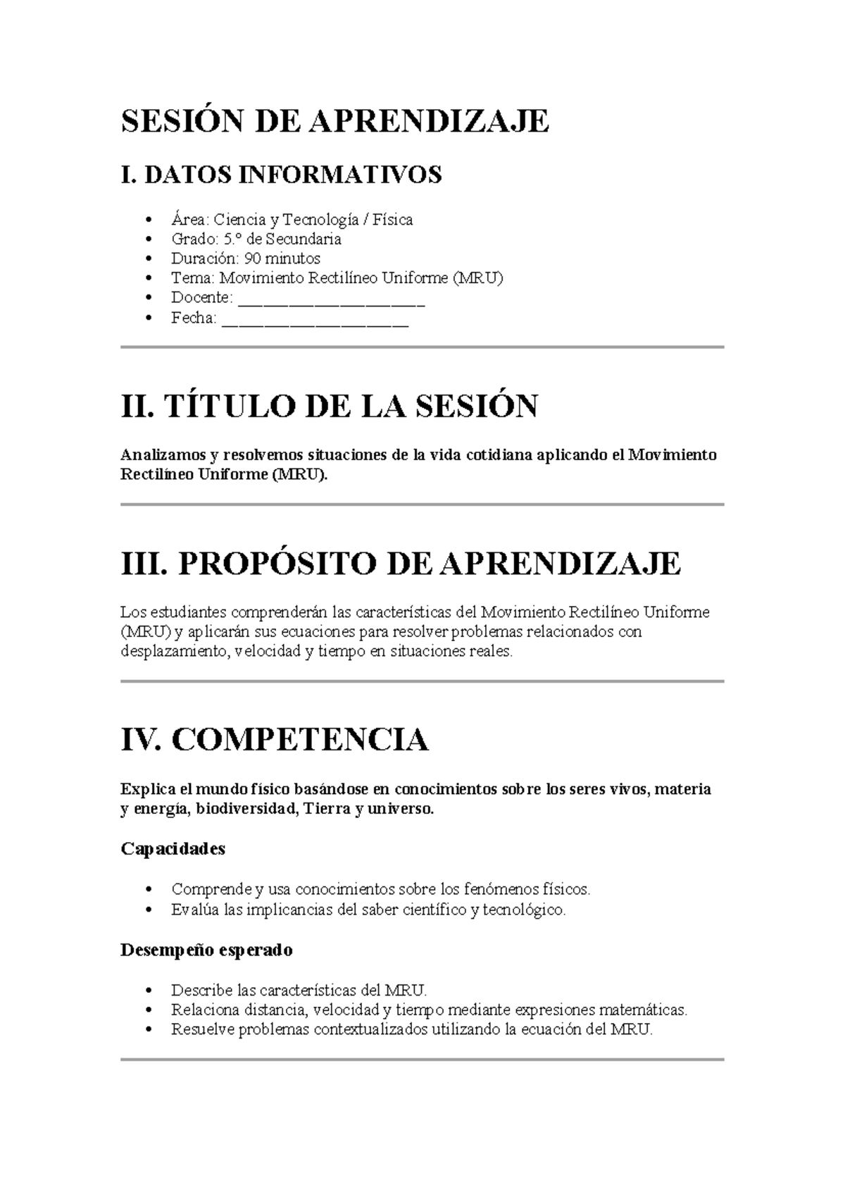 Sesión de Aprendizaje: Movimiento Rectilíneo Uniforme (MRU) en Física ...
