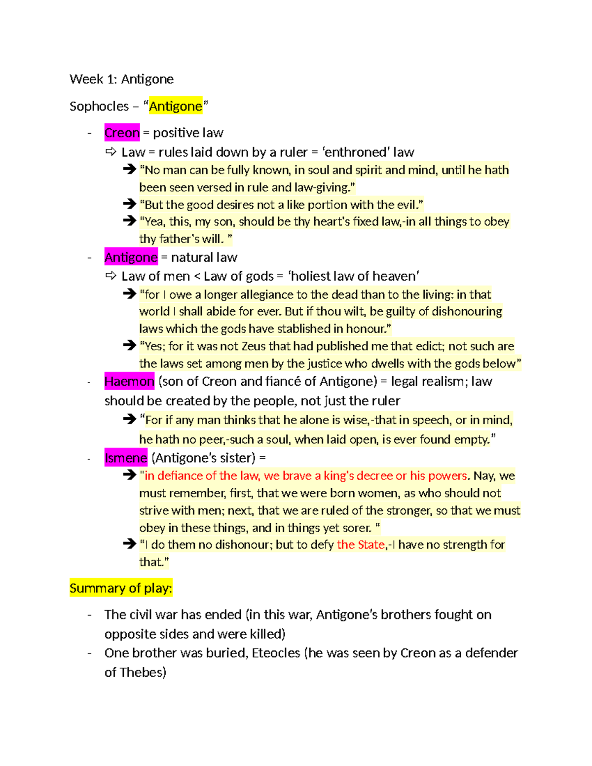 Week 1: Antigone & Legal Principles in Literature and Law - Studeersnel
