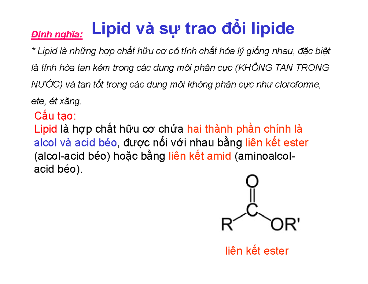 HSDC Lipide 4-2019 - Lipid và sự trao đổi lipide Định nghĩa: * Lipid là ...