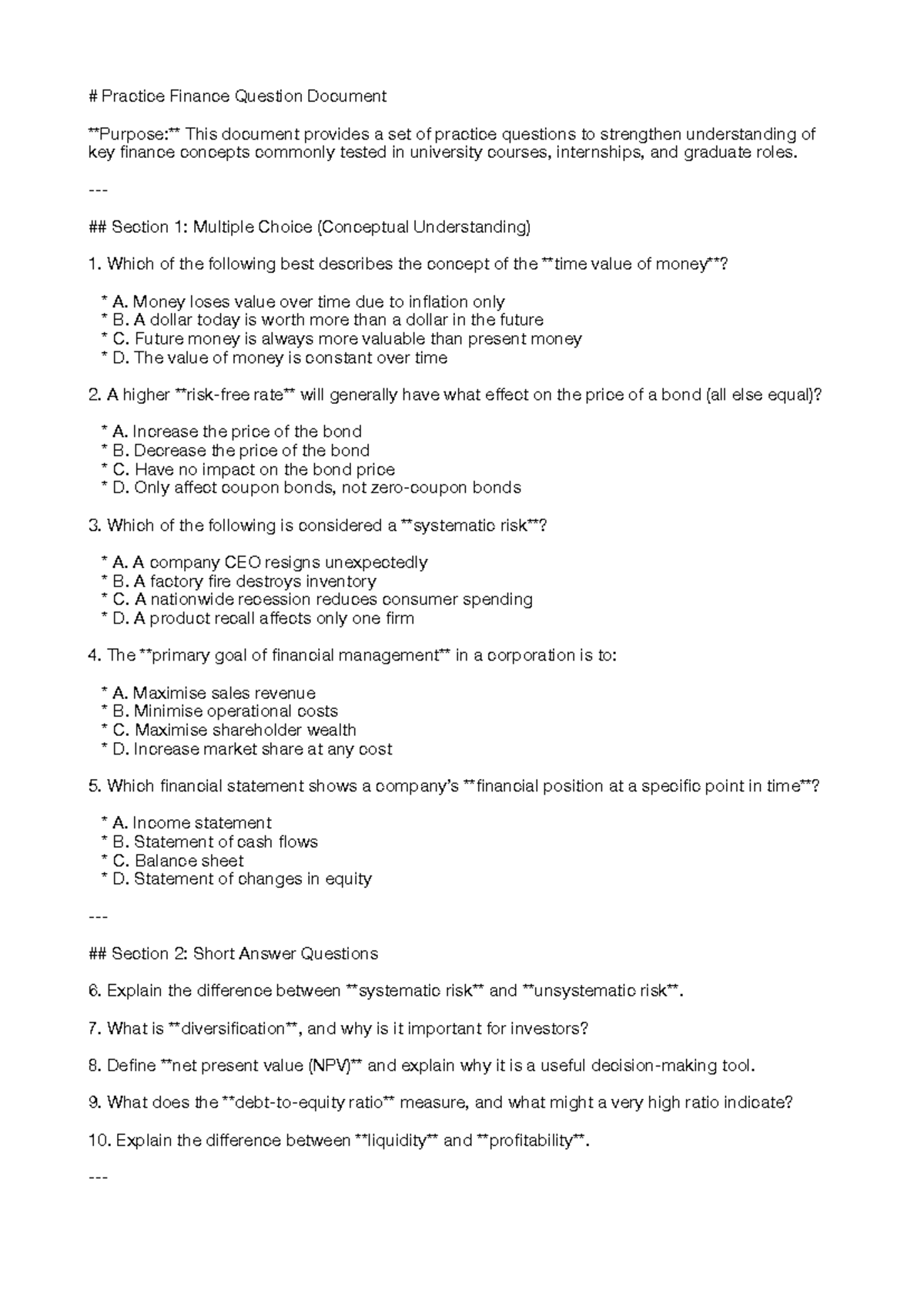 Practice Finance Questions for Exam Preparation - Studocu