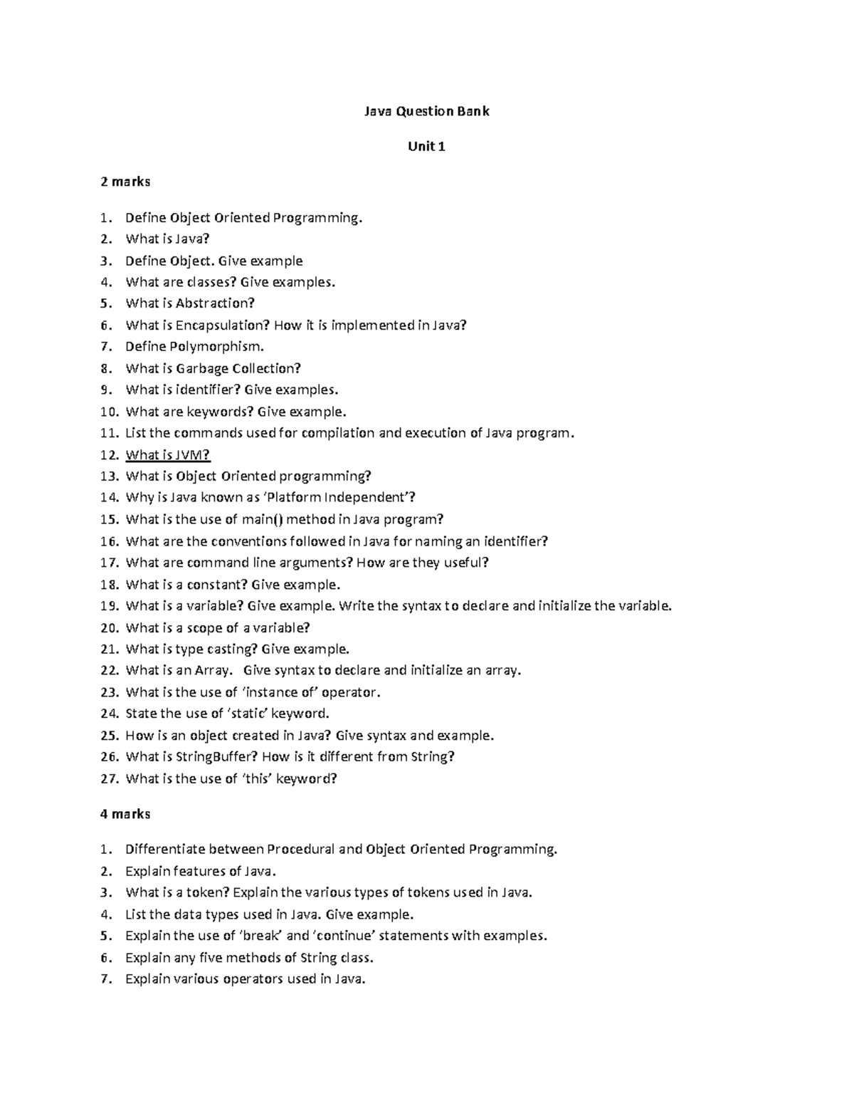 Java Question Bank(2nd Sem) - Java Question Bank Unit 1 2 marks Define Object Oriented ...