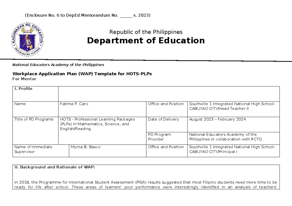 Work Application Plan (WAP) for HOTS-PLPs in Education - Studocu