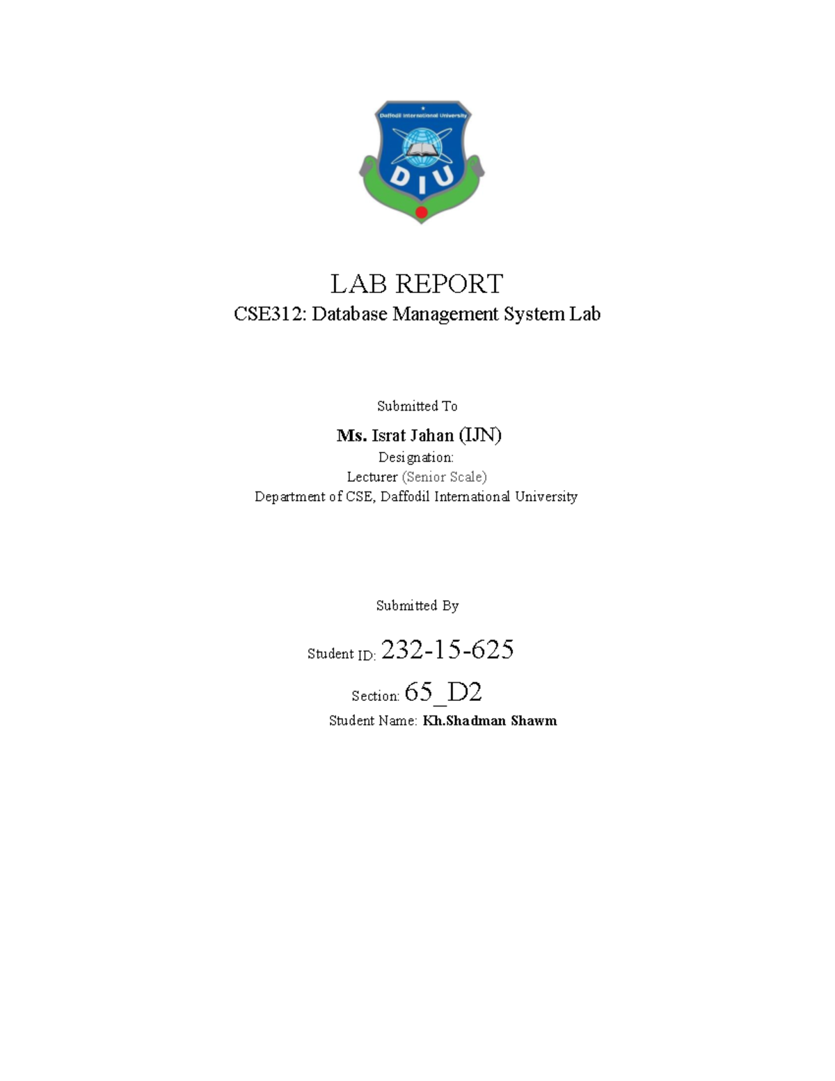 LAB REPORT CSE312: Introduction to SQL with phpMyAdmin - Studocu