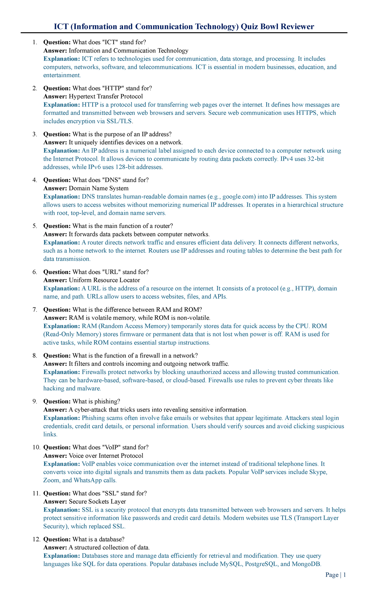 ICT (Information and Communication Technology) Quiz Bowl Study Guide ...