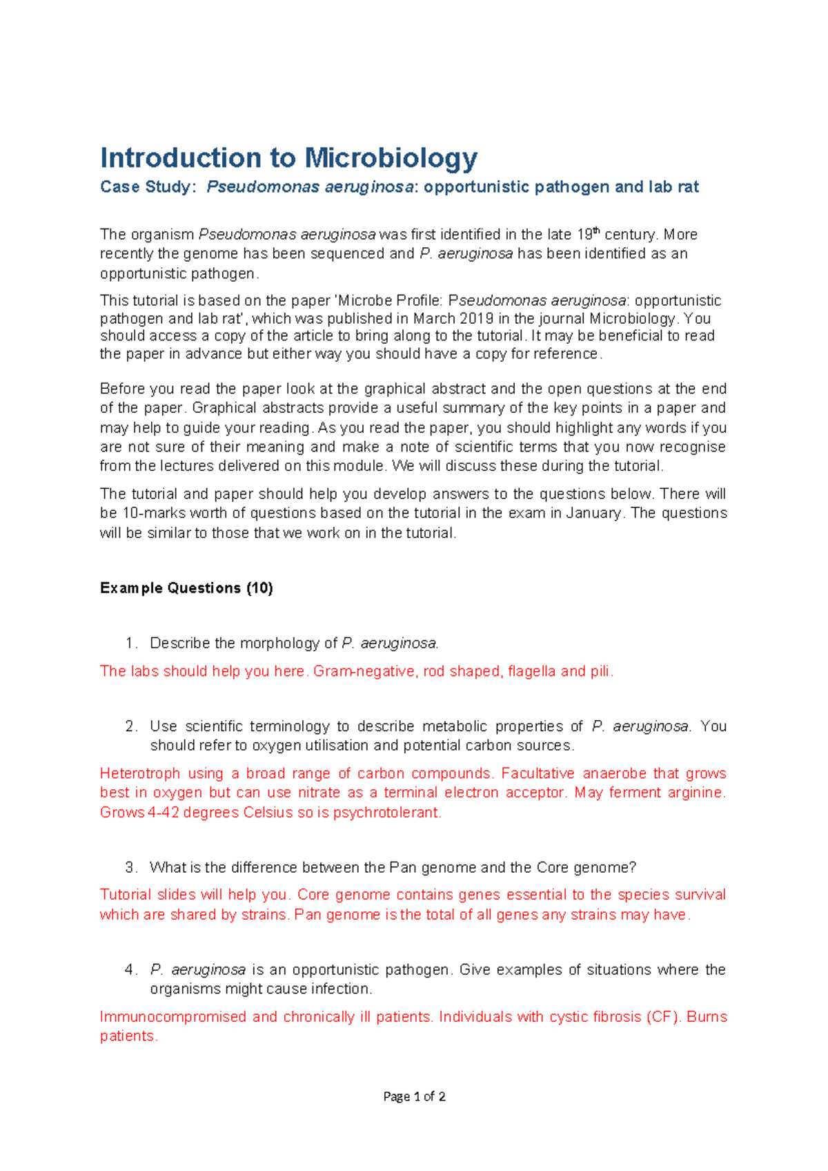 P. aeruginosa Case Study Tutorial Worksheet Answers: Microbiology ...