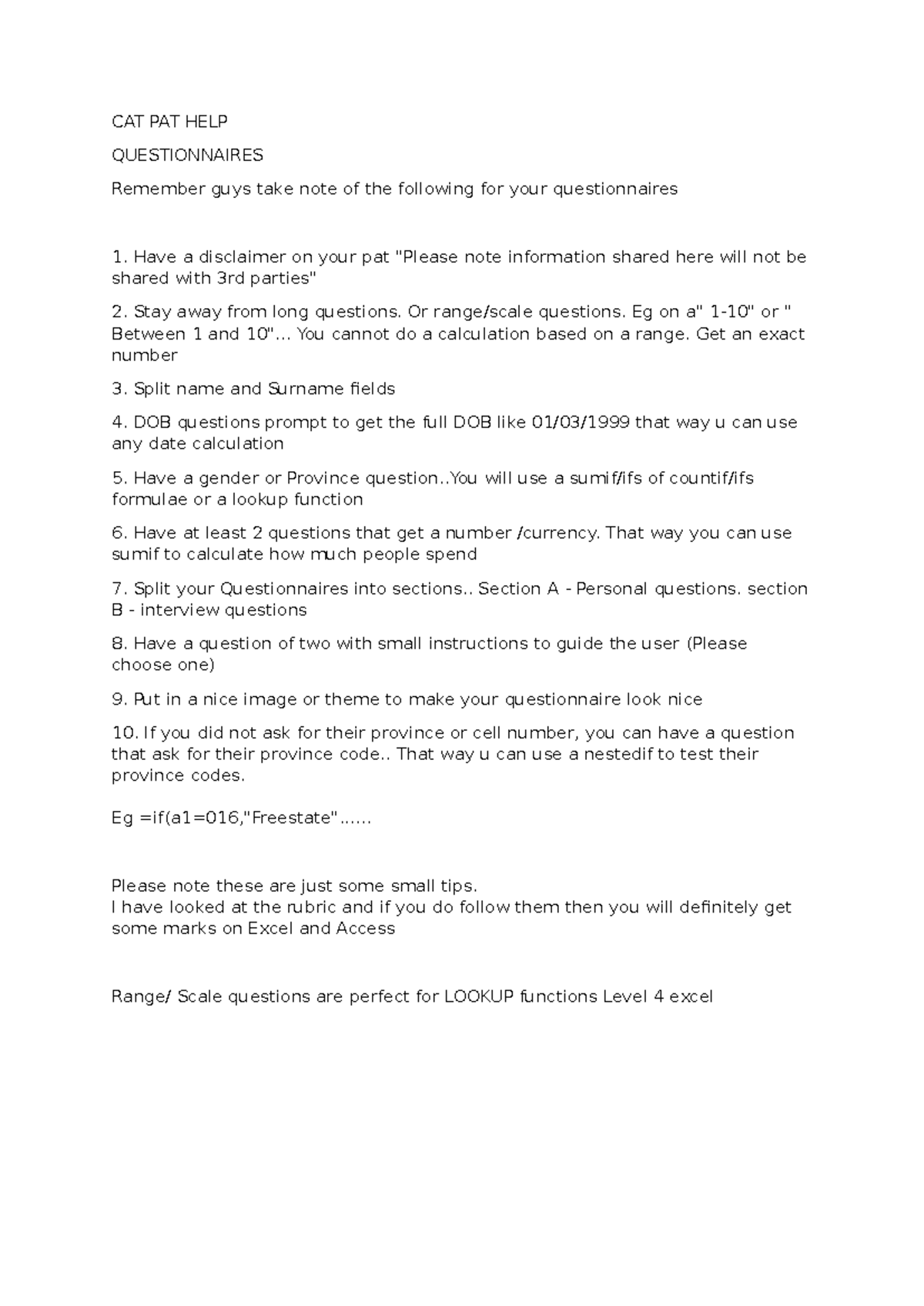 Gr12 CAT PAT Help: Questionnaire Tips & Guidelines - Studocu