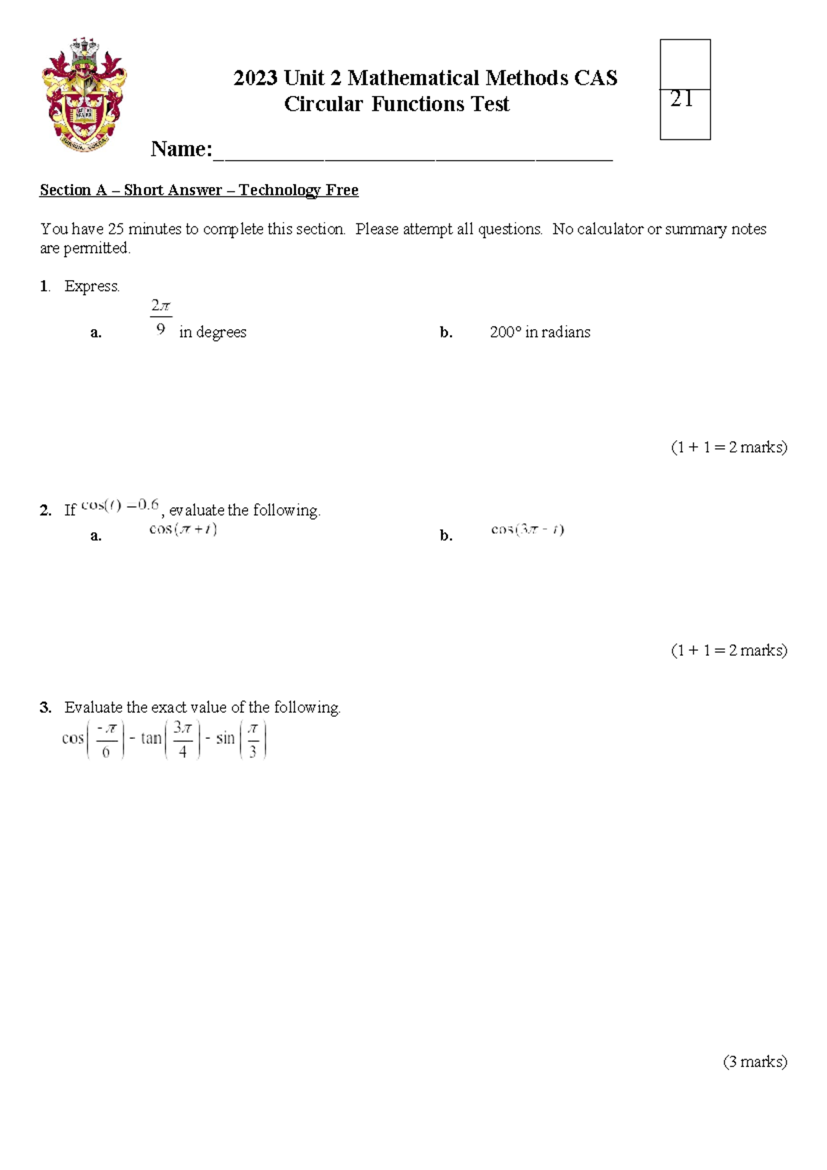 Mathematical Methods CAS 2023 - Circular Functions Practice Test - Studocu