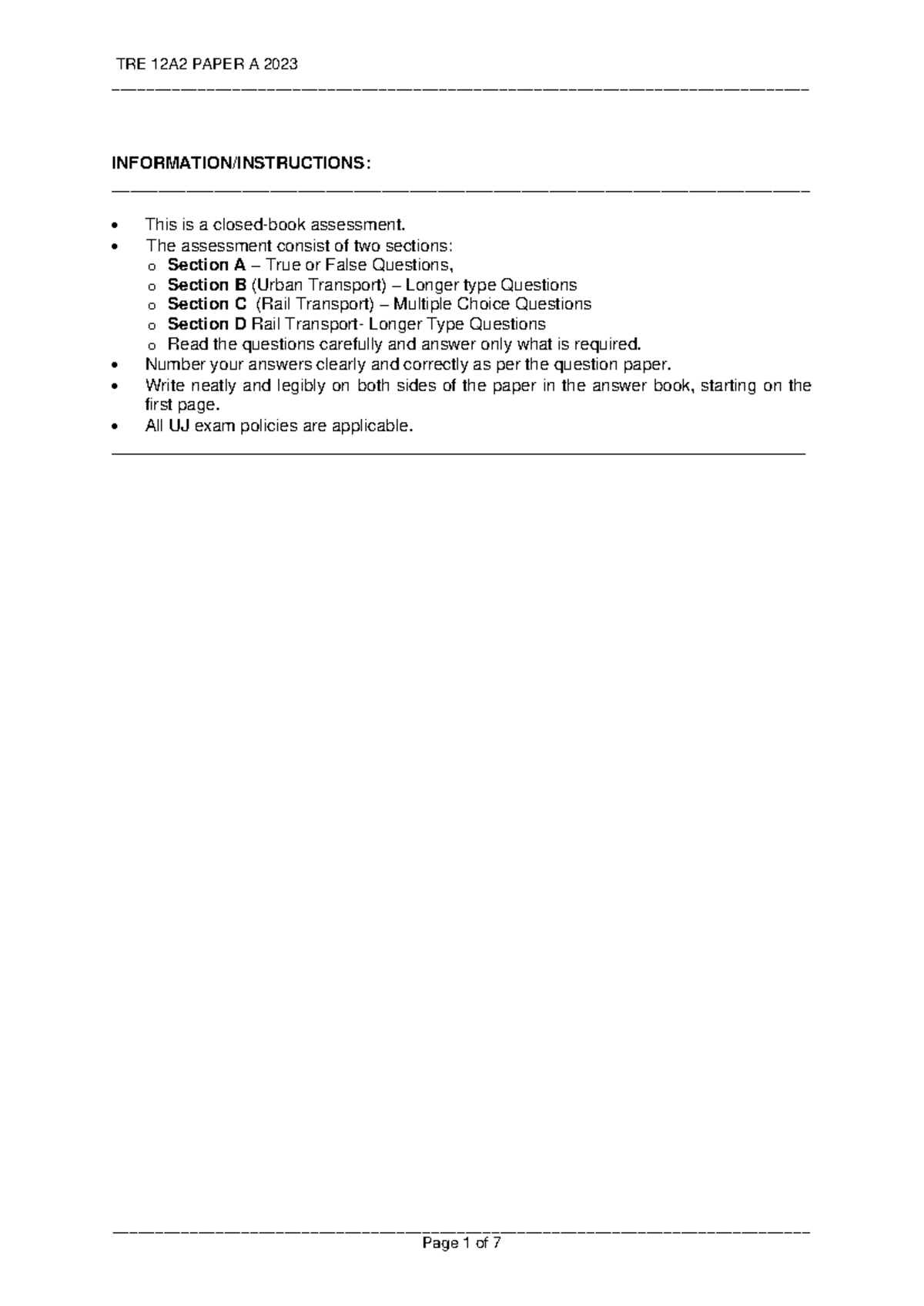 TRE 12A2 - 2023 Assessment: Urban & Rail Transport Exam Paper - Studocu