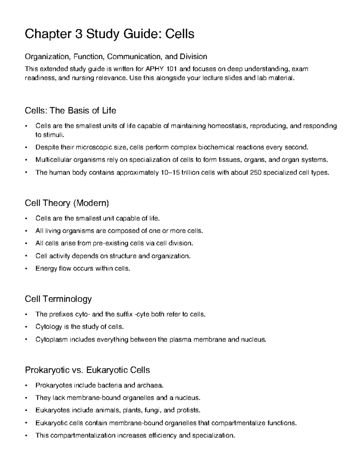 Chapter 3 Study Guide: Cells Organization & Function for APHY 101 - Studocu