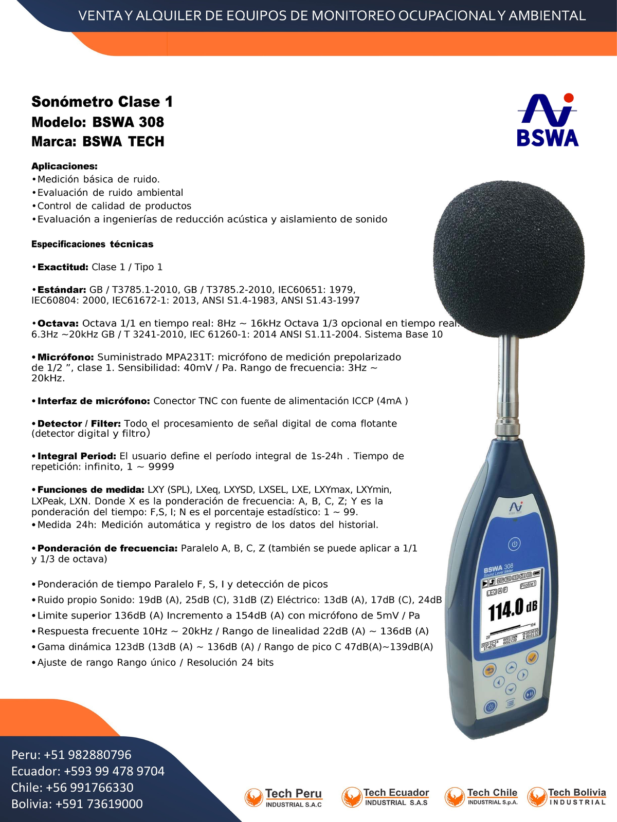 Datasheet Sonómetro Clase 1 BSWA 308: Especificaciones y Aplicaciones ...