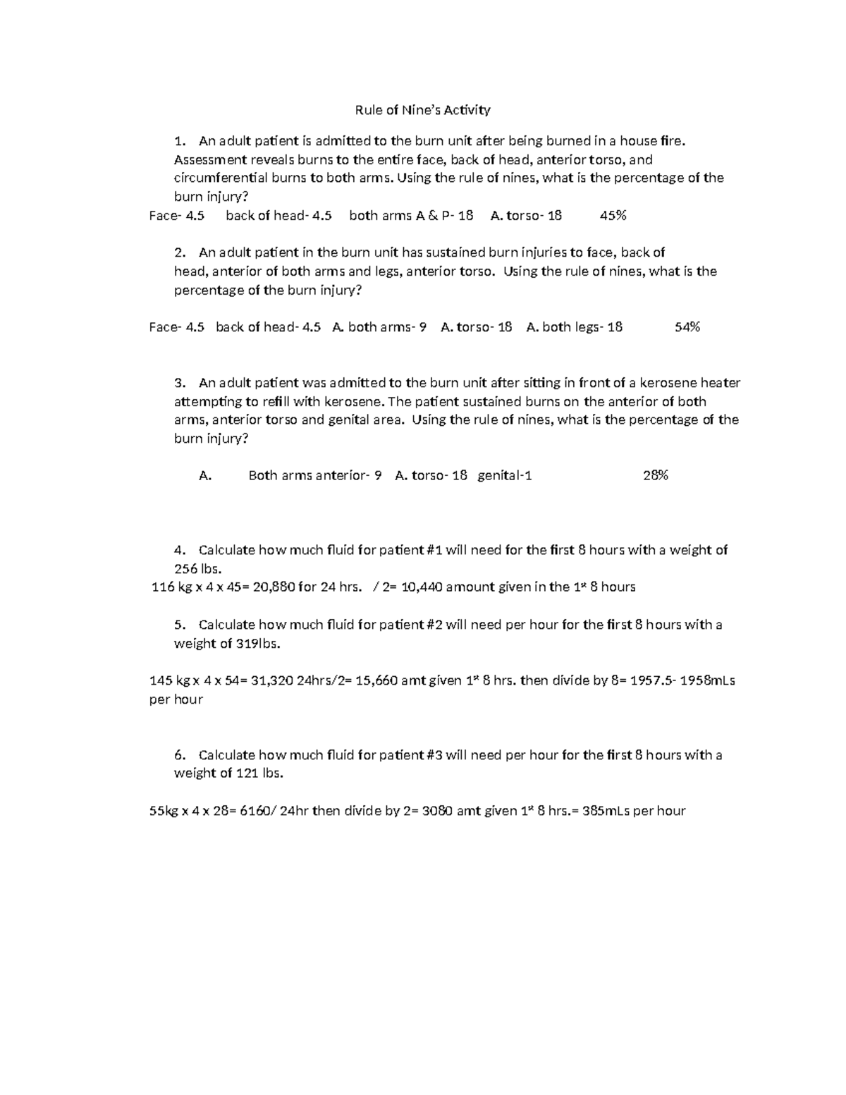 Rule of 9s LAB Practice: Burn Assessment & Fluid Calculation - Studocu
