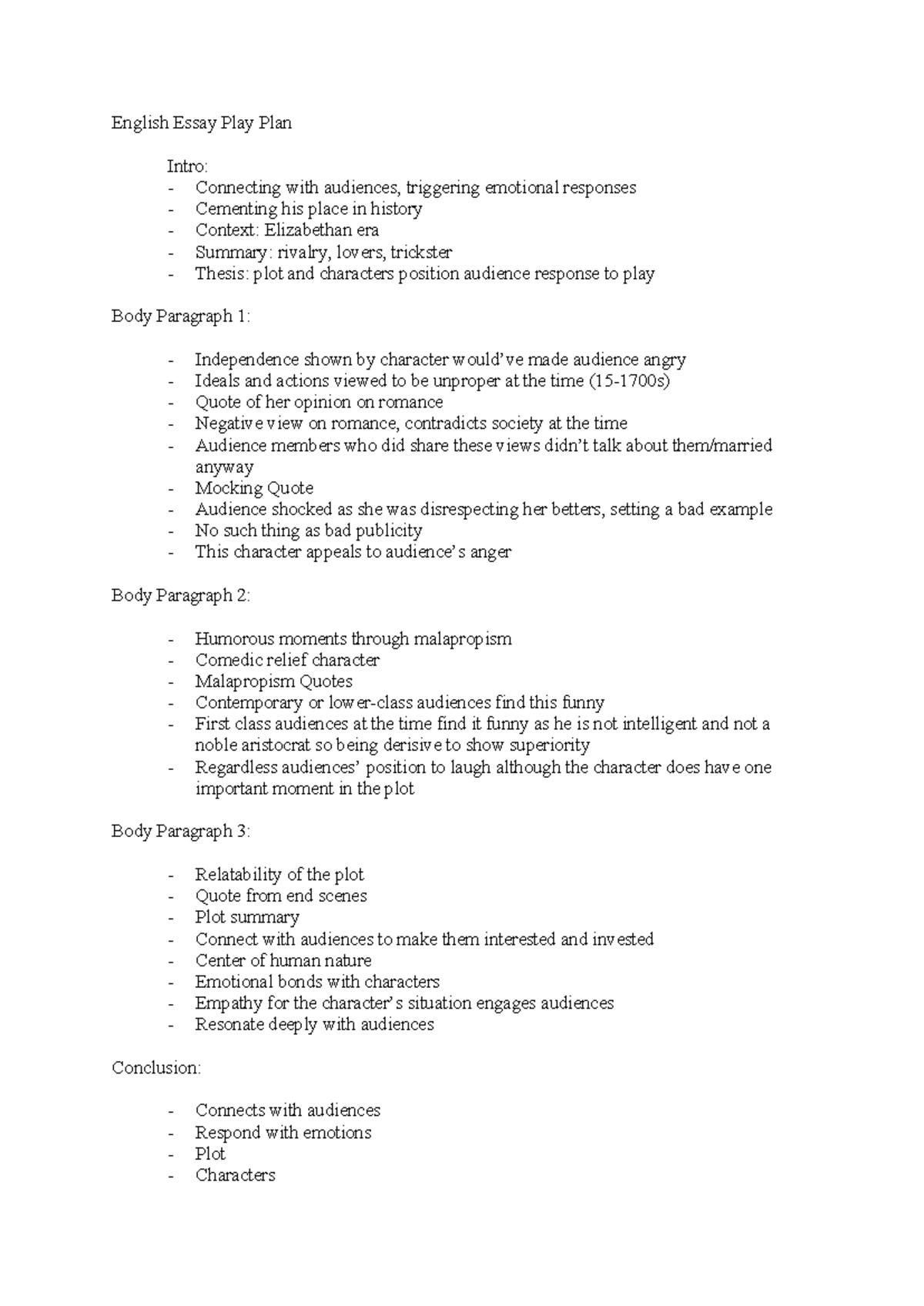 English Essay Plan - Studocu