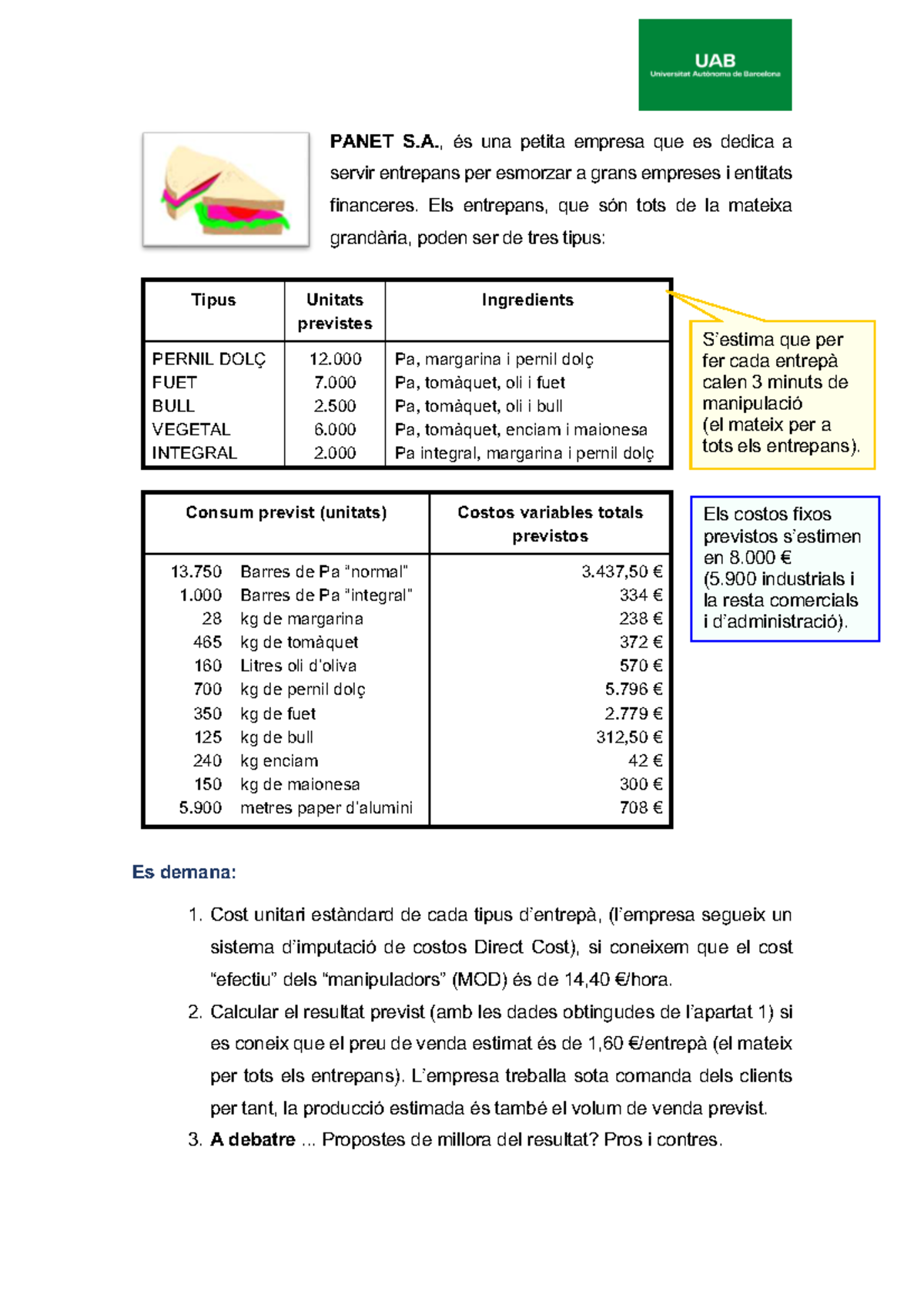 Anàlisi de Costos i Resultats de PANET S.A. - Tema 05 - Studocu