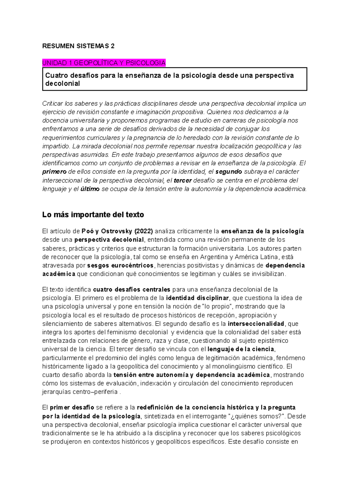 Resumen Sistemas 2: Desafíos en la Enseñanza de la Psicología desde una ...