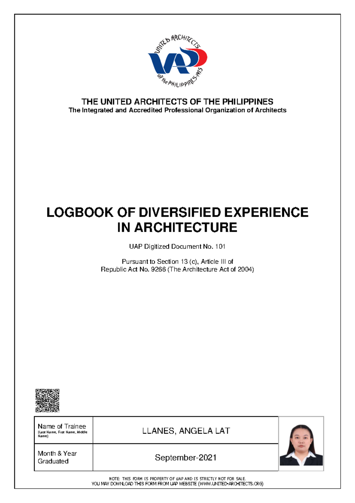 UAP Logbook Sheet - NOTE: THIS FORM IS PROPERTY OF UAP AND IS STRICTLY NOT FOR SALE. THE UNITED ...