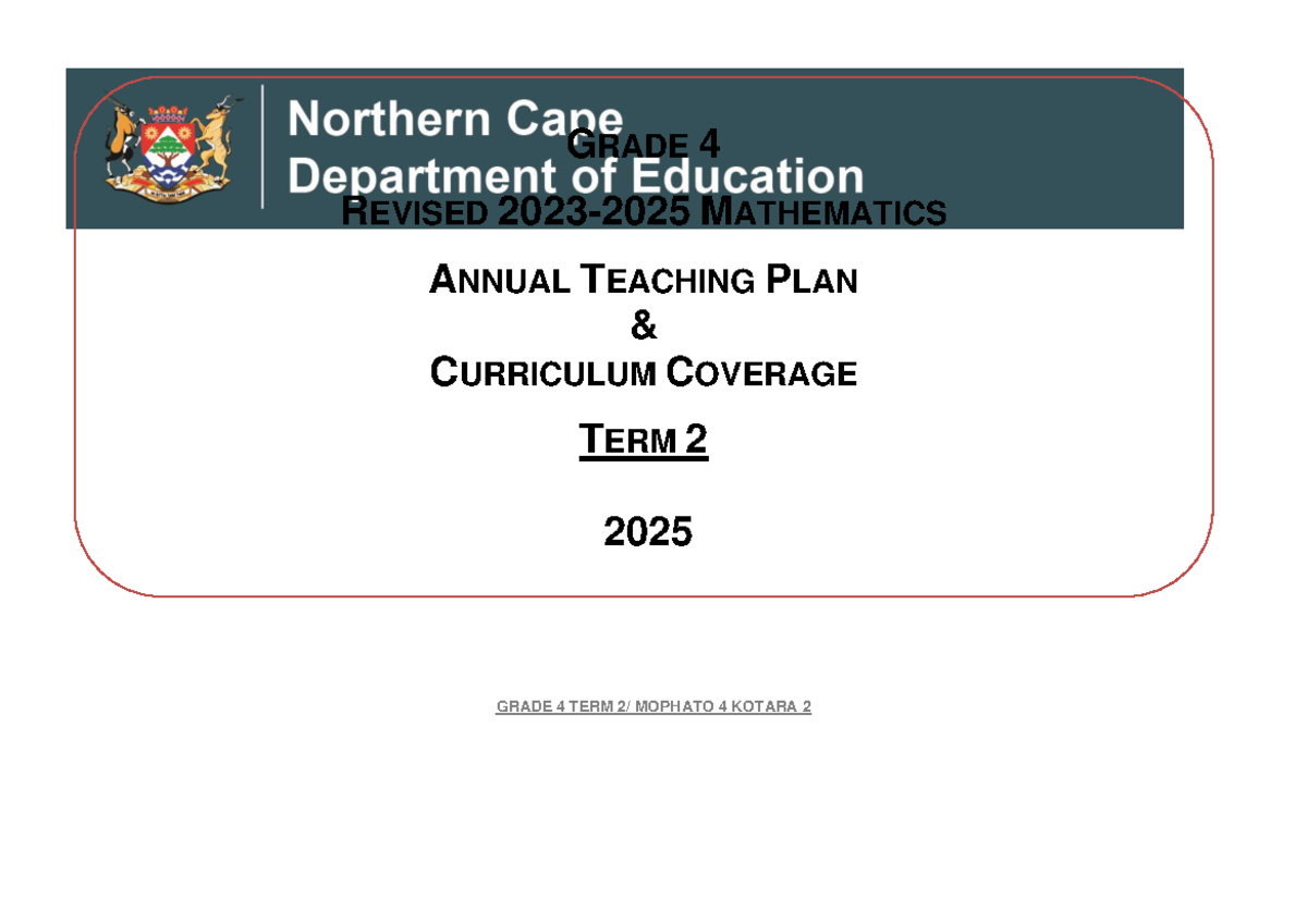 Grade 4 Term 2 2025 Mathematics Annual Teaching Plan & Assessment - Studocu