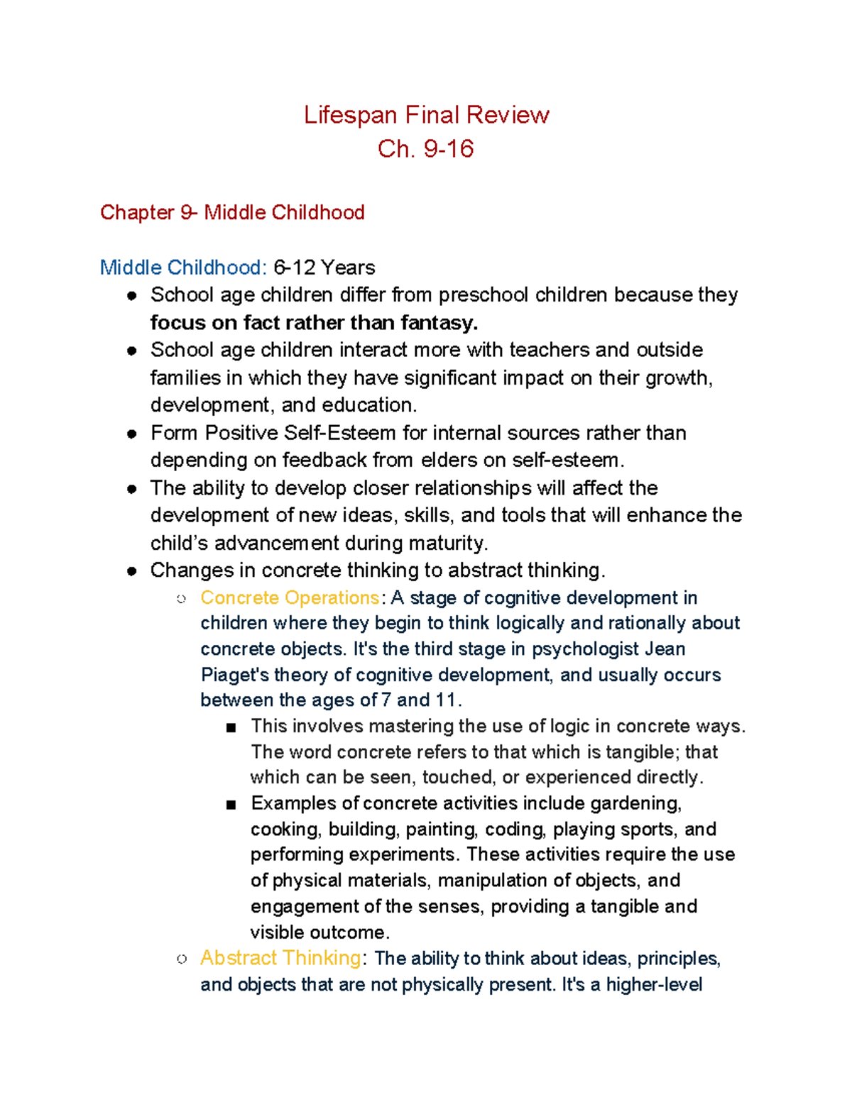 Lifespan Final Review: Middle Childhood Development Insights - Studocu