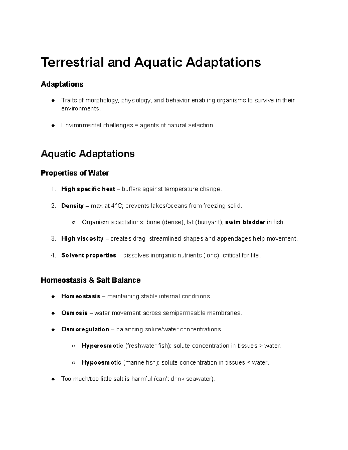 Eco Ch3 - Summary of Terrestrial and Aquatic Adaptations - Studocu