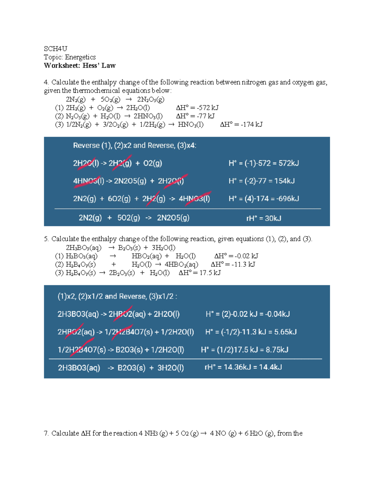 SCH4U Hess' Law Worksheet: Energetics Calculations - Studocu