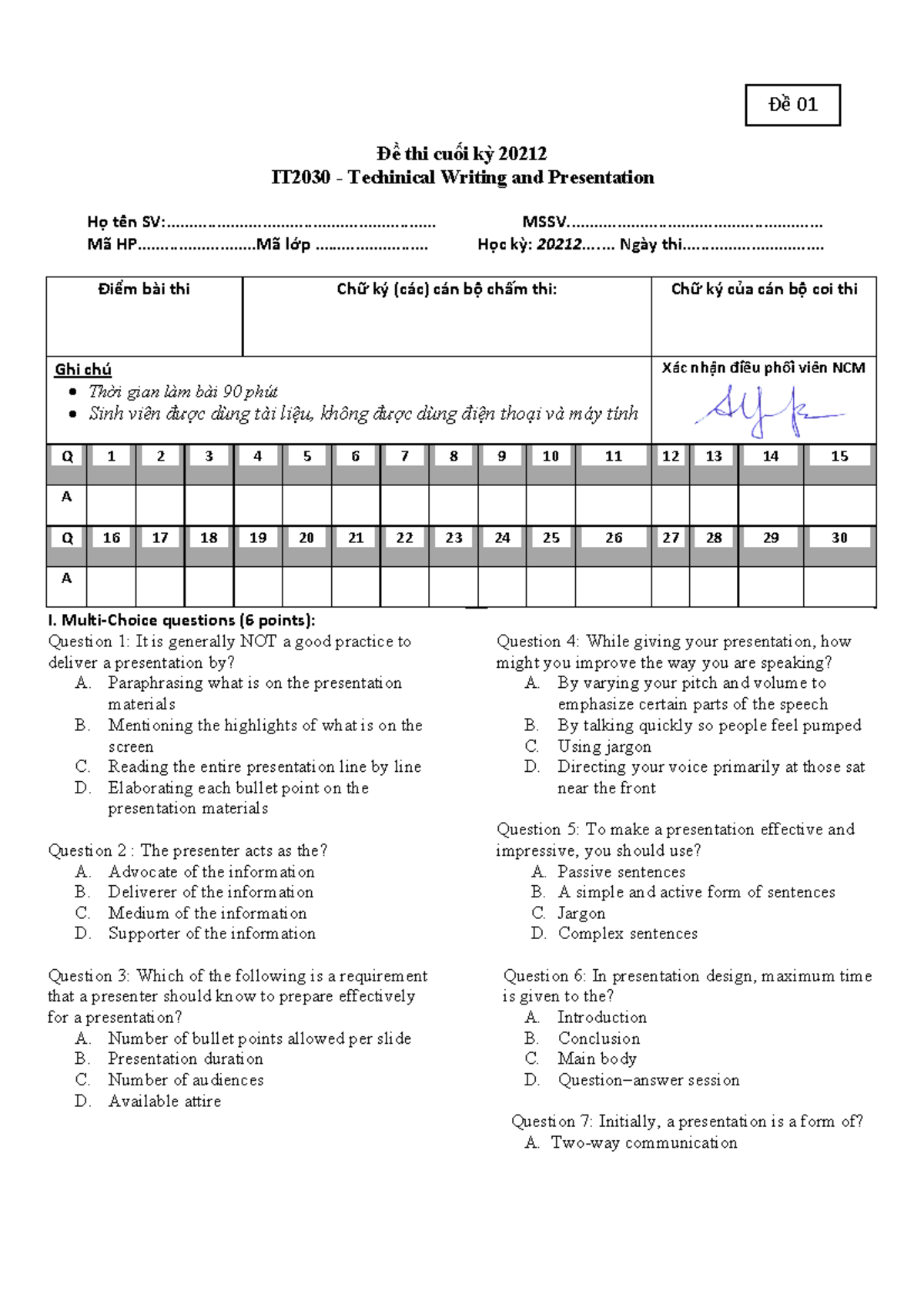 Đề 1 Thi Cuối Kỳ IT2030 20212: Kỹ Năng Viết và Trình Bày - Studocu