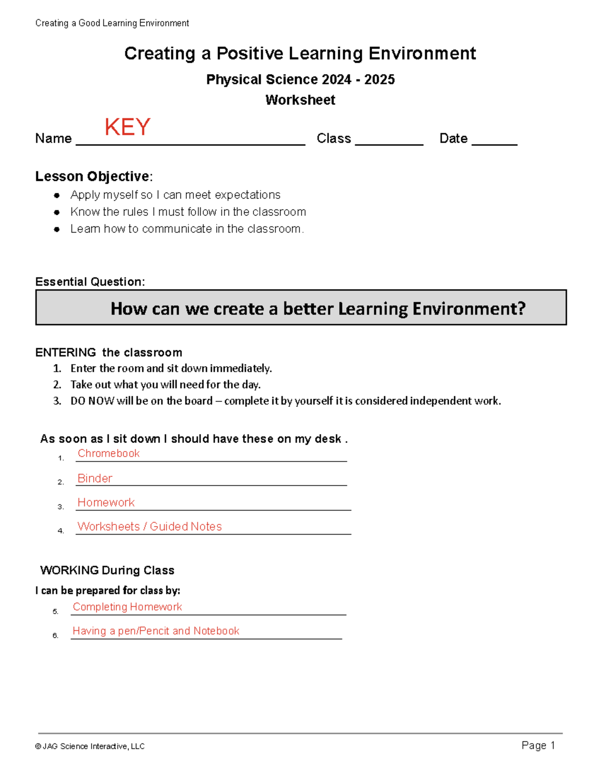 Physical Science 2024-2025: Worksheet KEY on Positive Learning ...