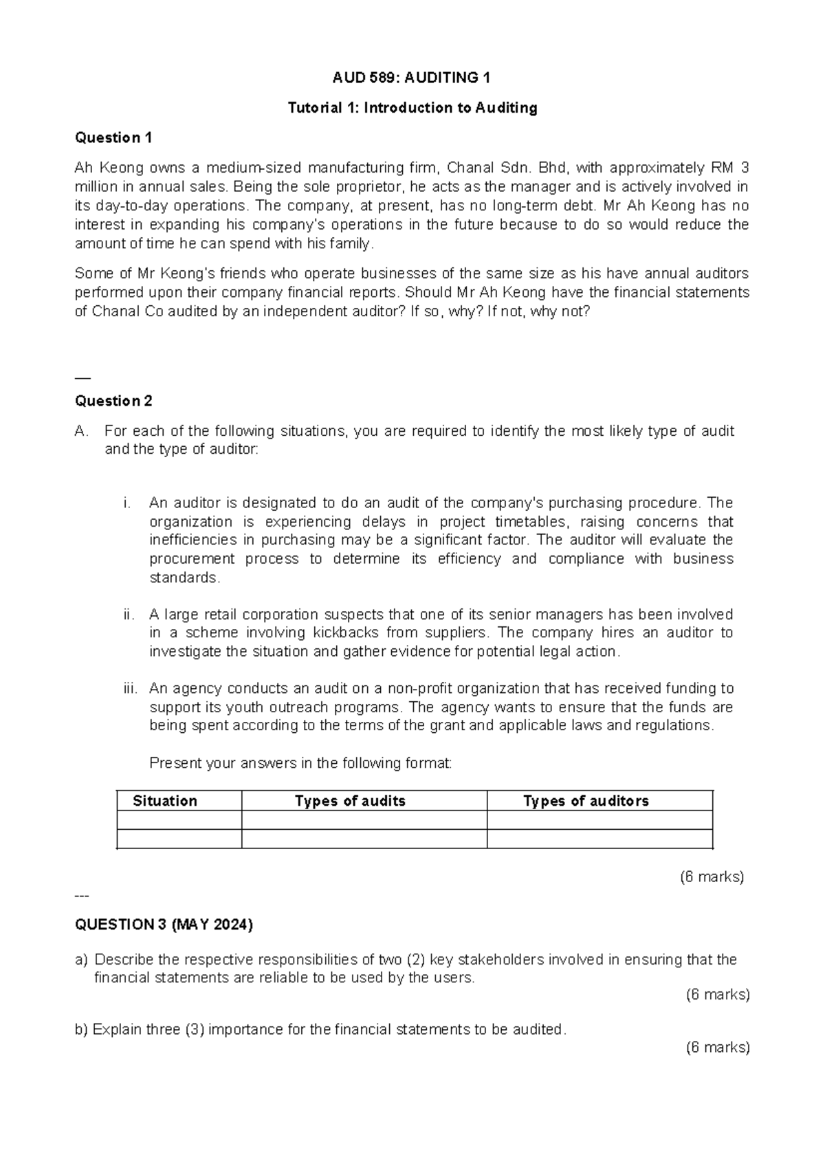 Tutorial Chapter 1 March 2025 2 - AUD 589: AUDITING 1 Tutorial 1 ...