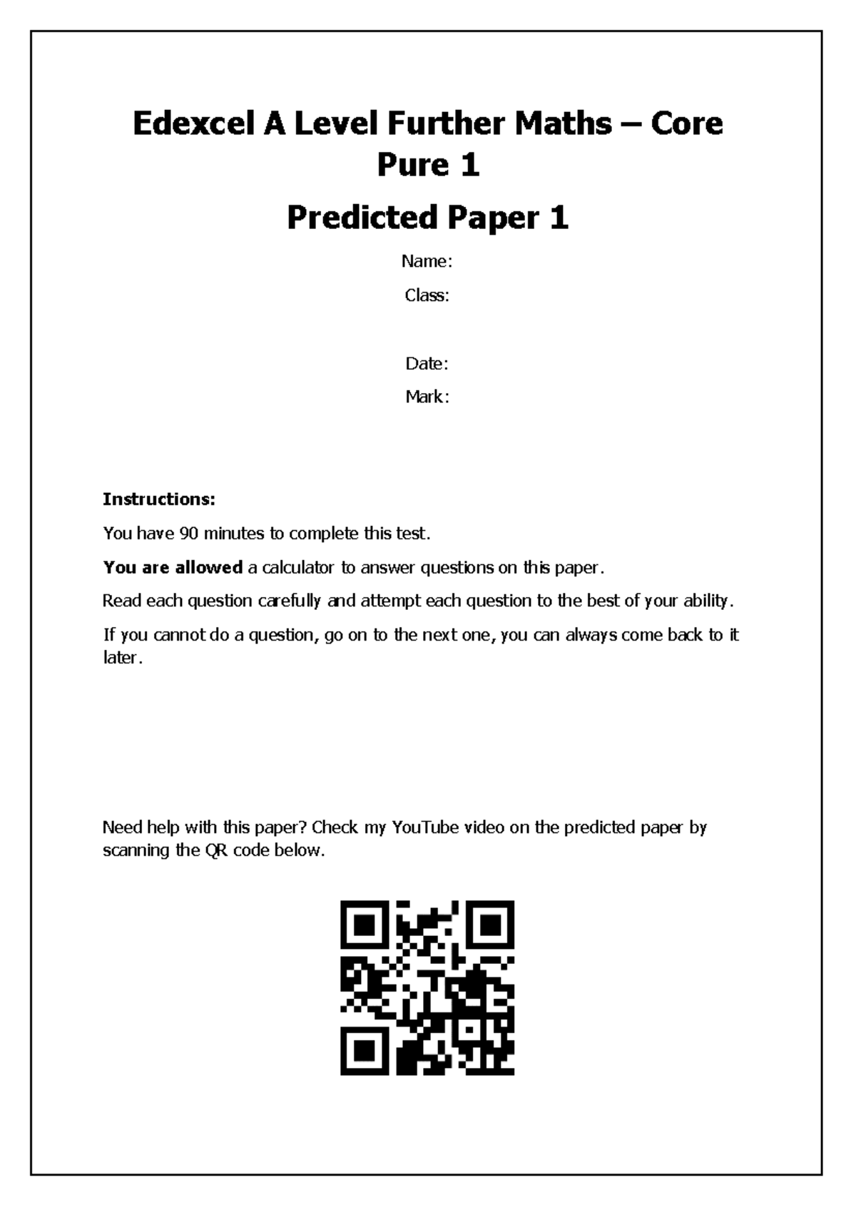 Edexcel A Level Further Maths Core Pure 1 Predicted Paper - You are ...