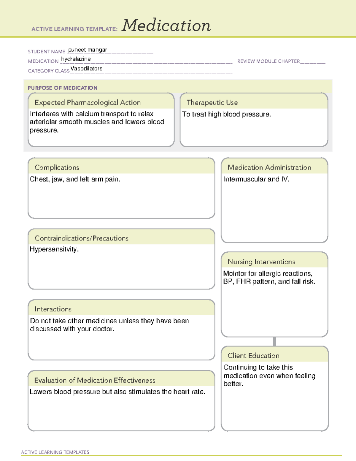 Hydralazine - ati - ACTIVE LEARNING TEMPLATES Medication STUDENT NAME ...