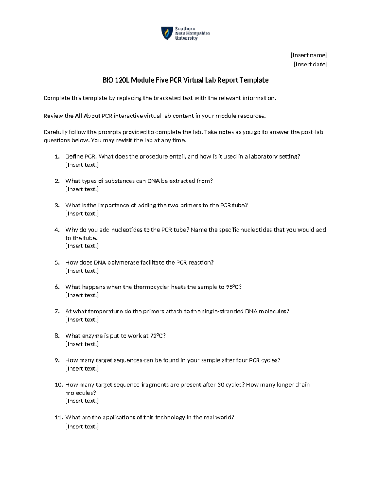 BIO 120L Module 5 PCR Virtual Lab Report Template - Studocu