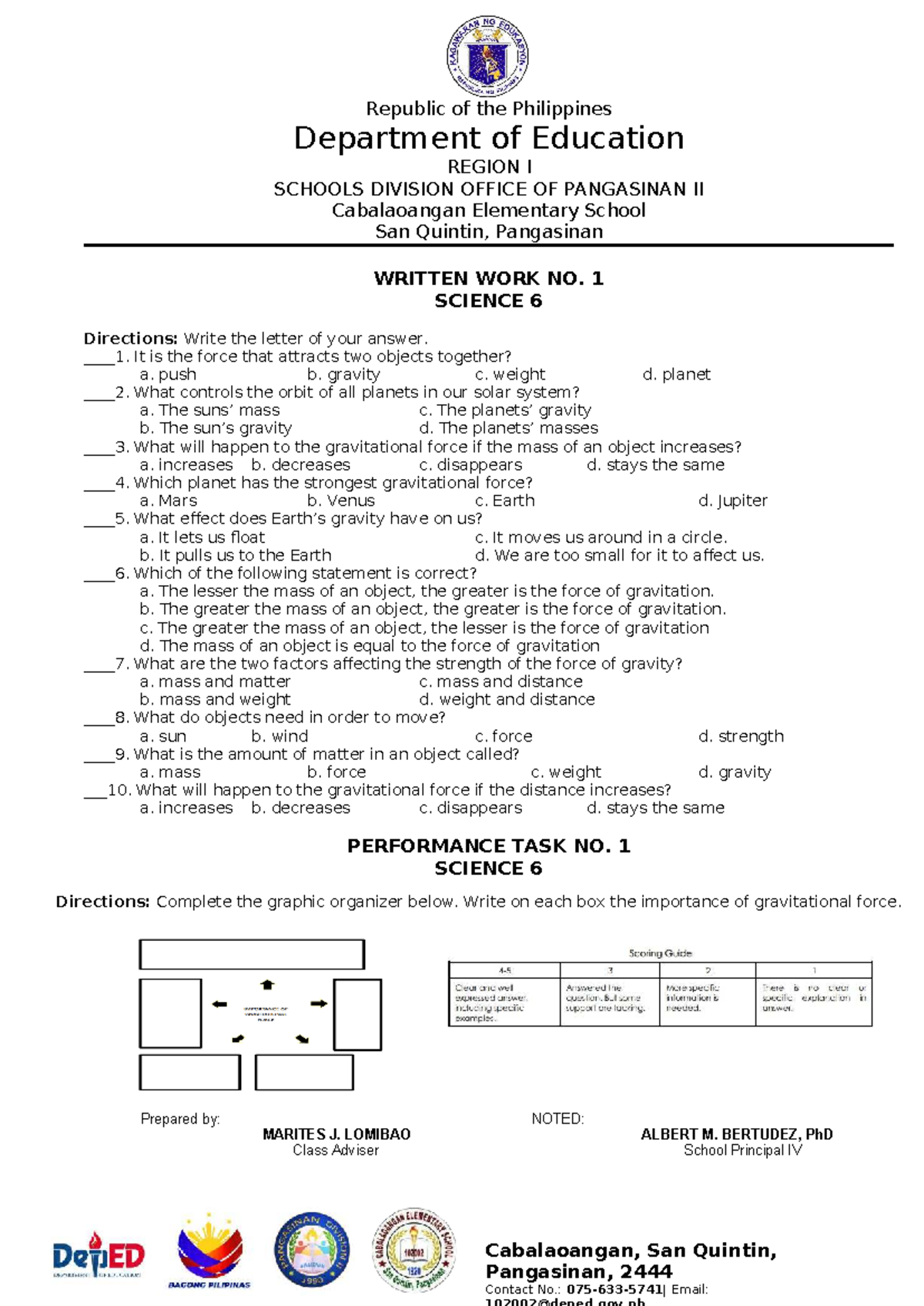 Science 6 - Performance Tasks and Written Works Overview - Studocu