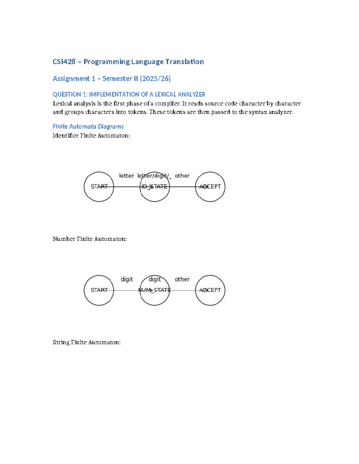 CSI428 Assignment 1 With Drawn FA Diagrams - Computer Science - CSI428 ...