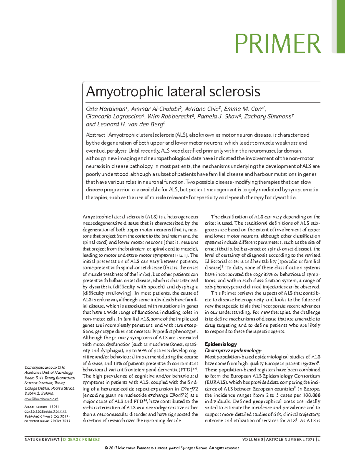 PRIMER: Understanding Amyotrophic Lateral Sclerosis (ALS) - Studocu